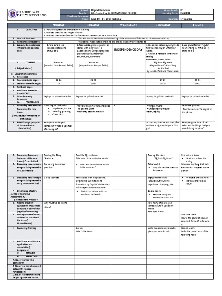 Monday Tuesday Wednesday Thursday Friday: GRADES 1 To 12 Daily Lesson Log | PDF | Learning ...