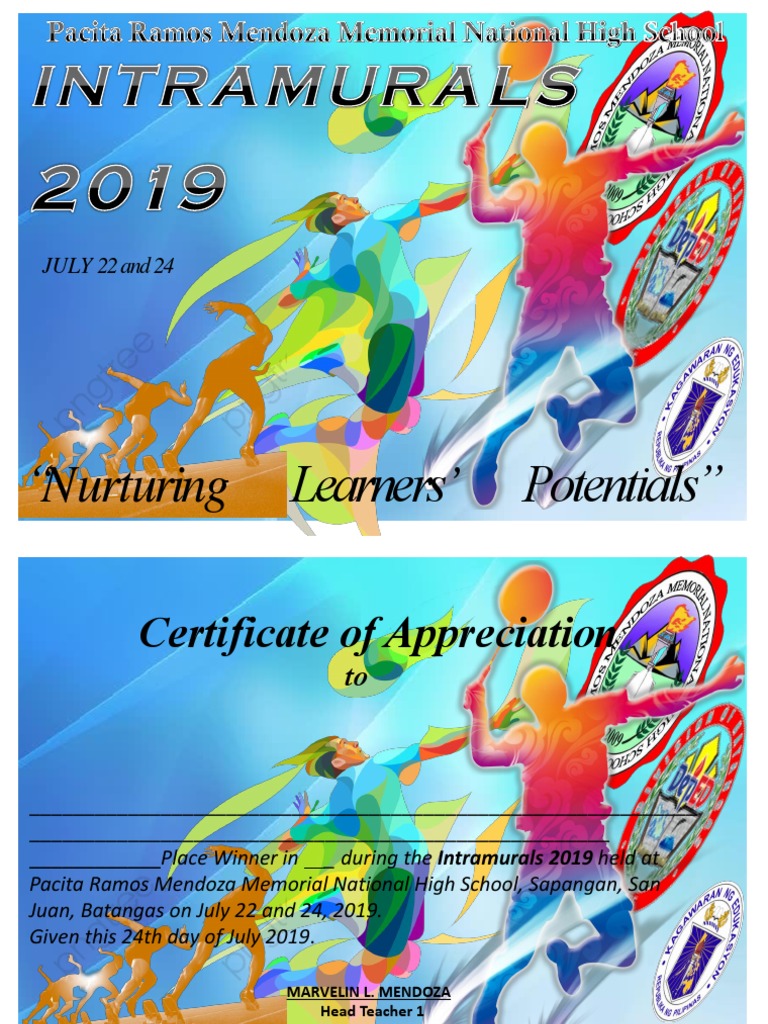 Certificates of Recognition for Student Winners of Intramural Sports ...