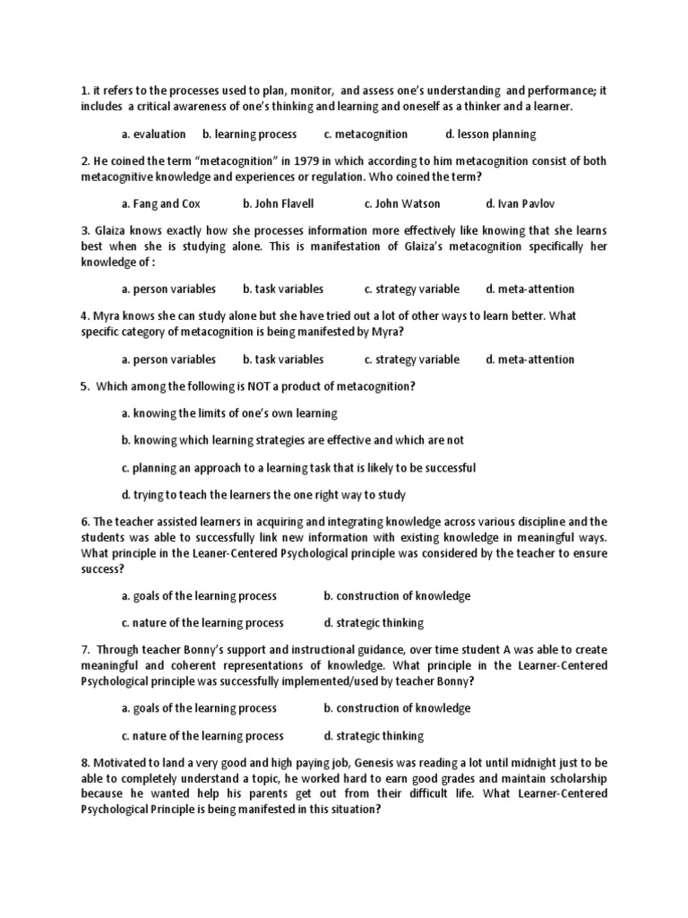 Prelim Exam - Facilitating Learning | PDF | Metacognition | Id