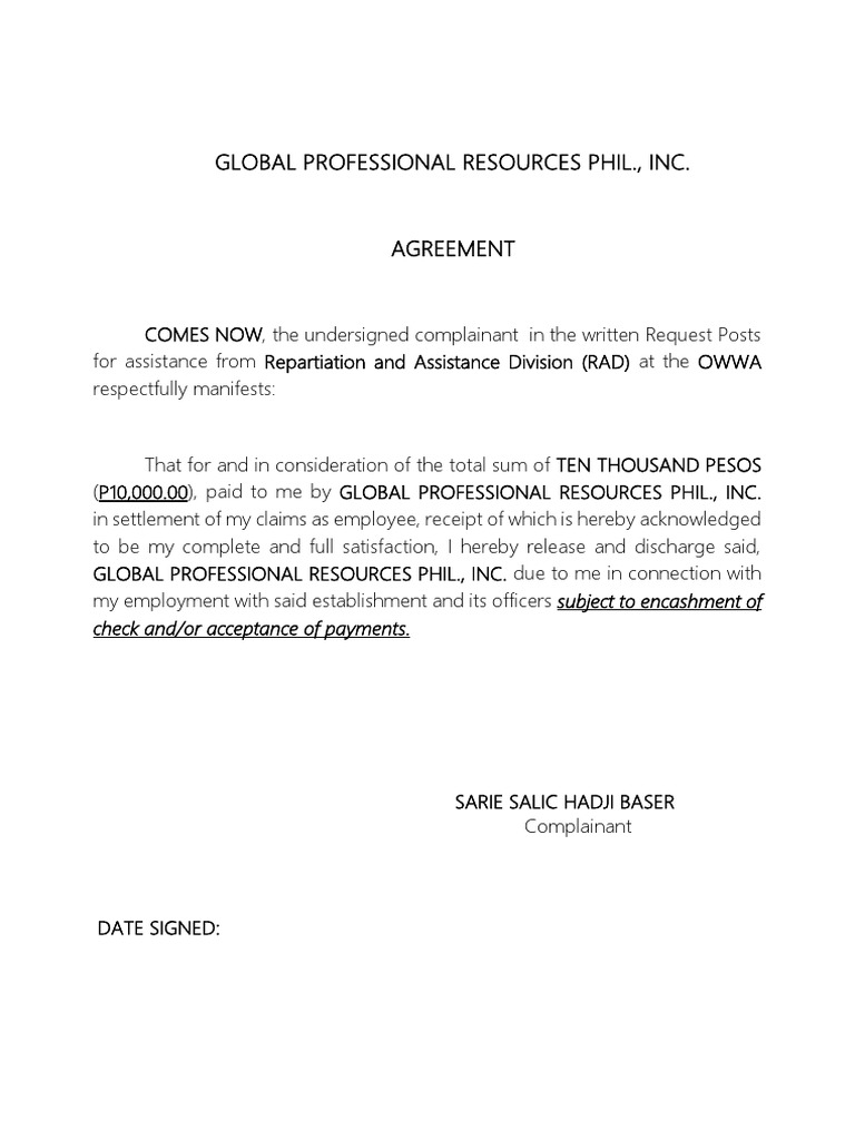 Employee Settlement Agreement with GPRPI | PDF | Finance & Money Management