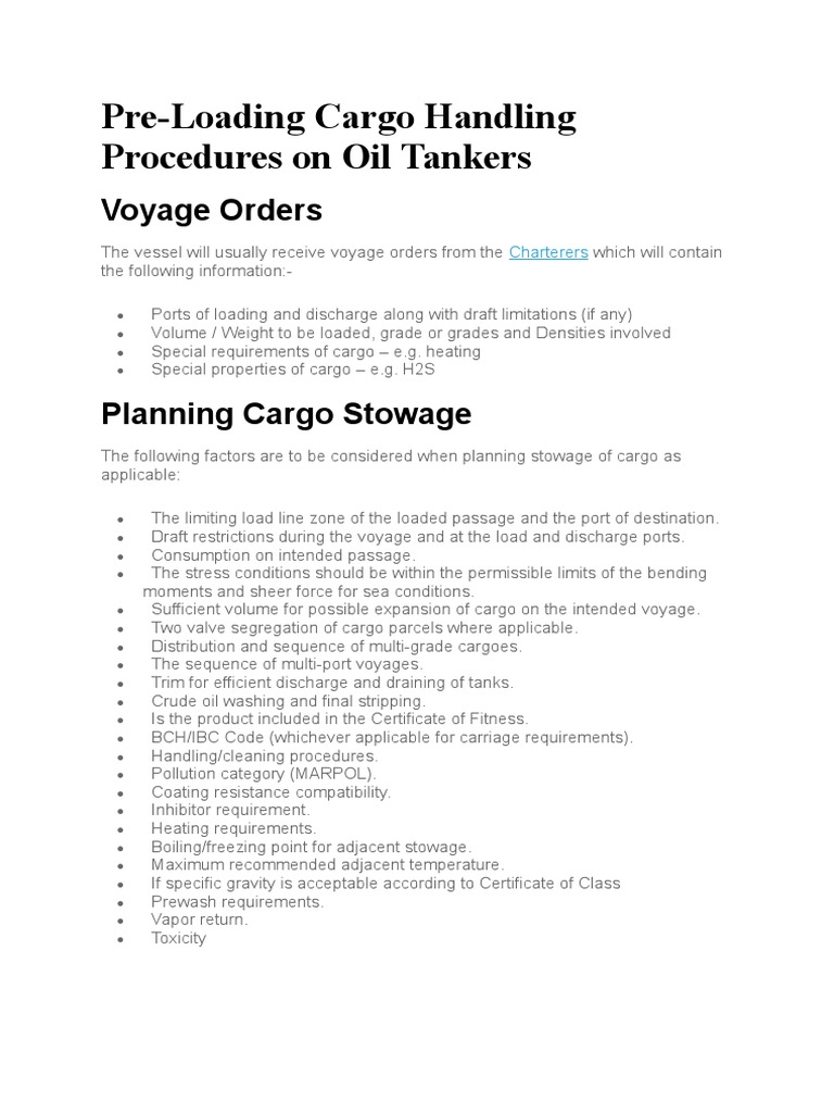 Pre-Loading Cargo Handling Procedures On Oil Tankers: Voyage Orders ...