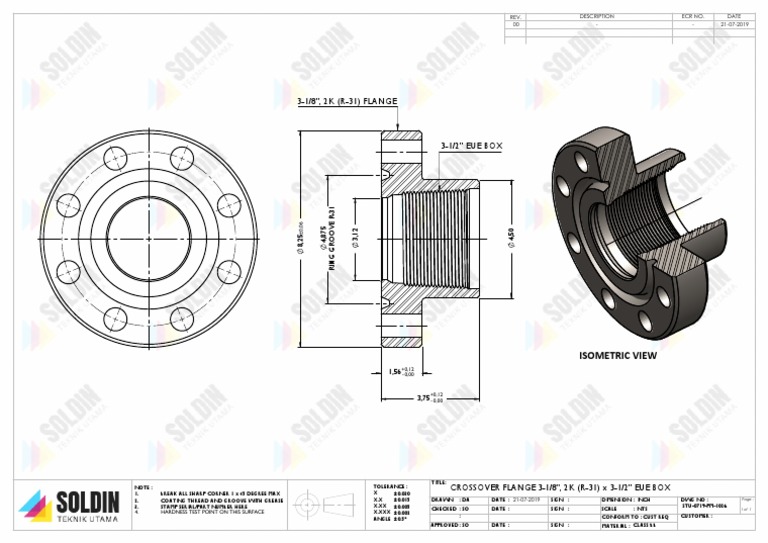 Crossover Flange Drawing 3-1/8" EUE Box | PDF | Mechanical Engineering ...