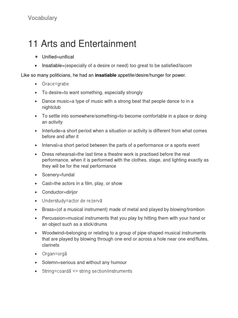 11 Arts and Entertainment: Vocabulary | PDF | Actor | Musical Instruments