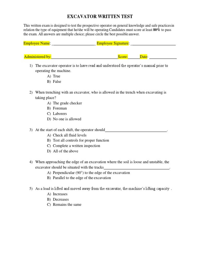 Excavator Written Test | PDF | Test (Assessment) | Multiple Choice