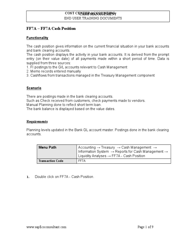 FF7A Cash Position | PDF | Cash Management | Financial Transaction