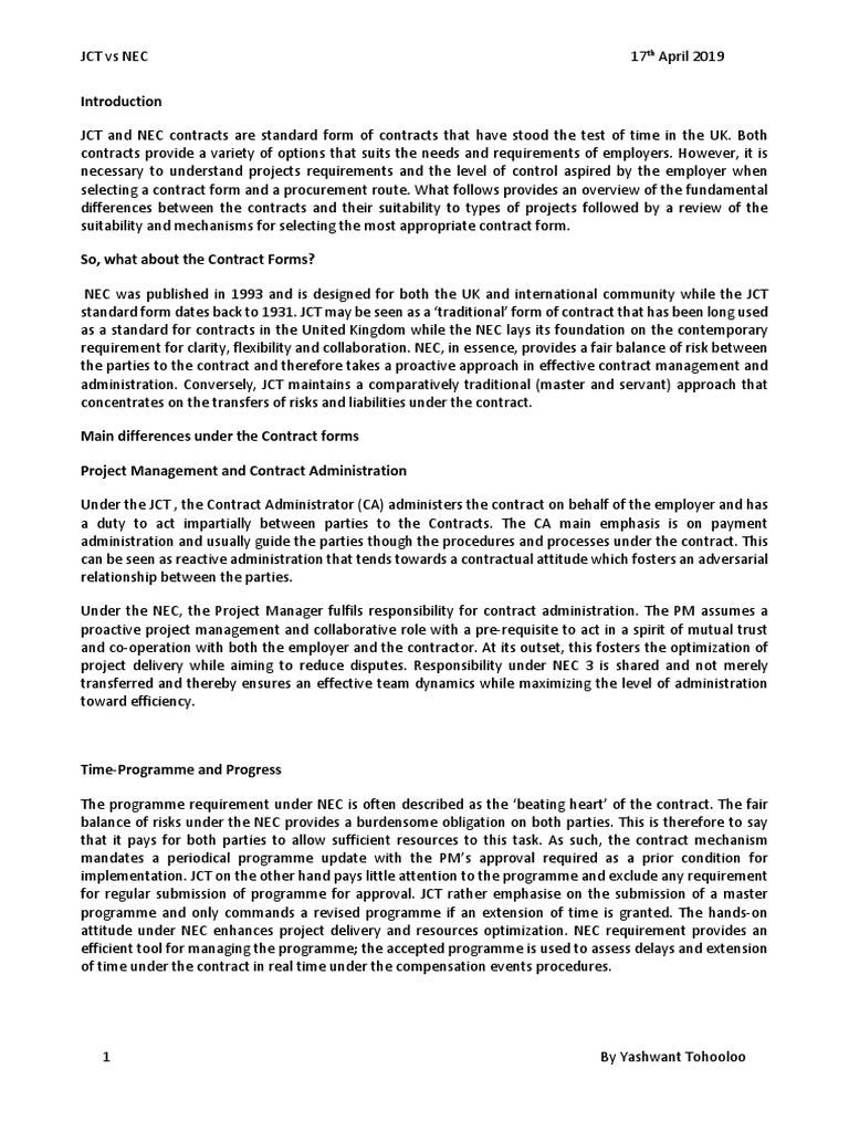 JCT 2011 Vs Nec 3 Ecc | PDF | Employment | Risk