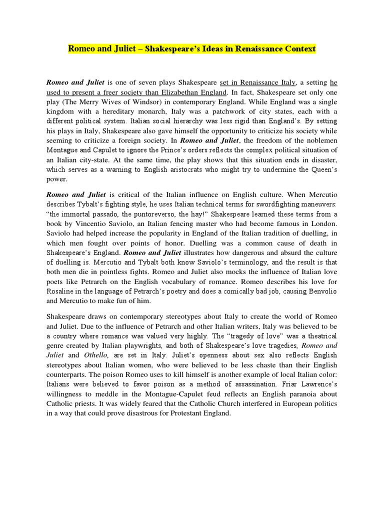 Romeo and Juliet: Renaissance Context Explained | PDF | Romeo And ...