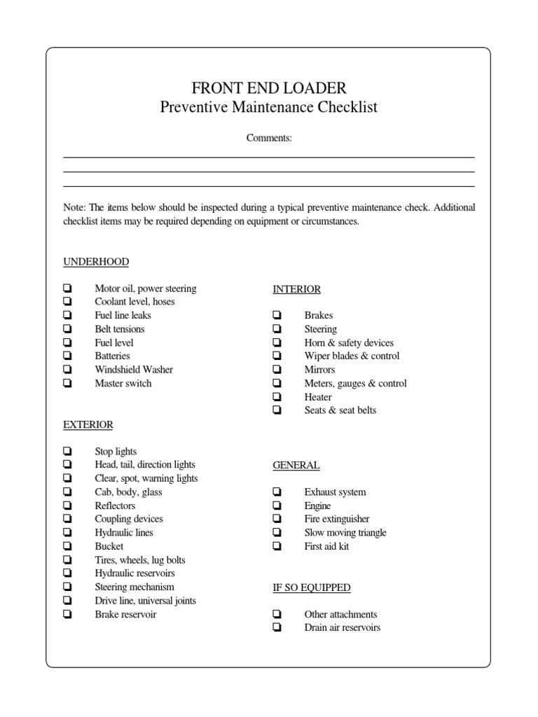 Front End Loader Preventive Maintenance Checklist | PDF