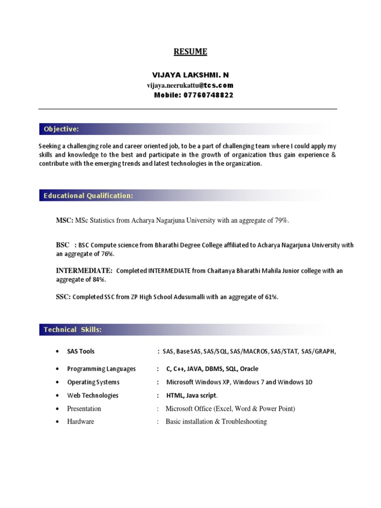 Resume: Vijaya Lakshmi. N Mobile: 07760748822 | PDF | Sas (Software ...