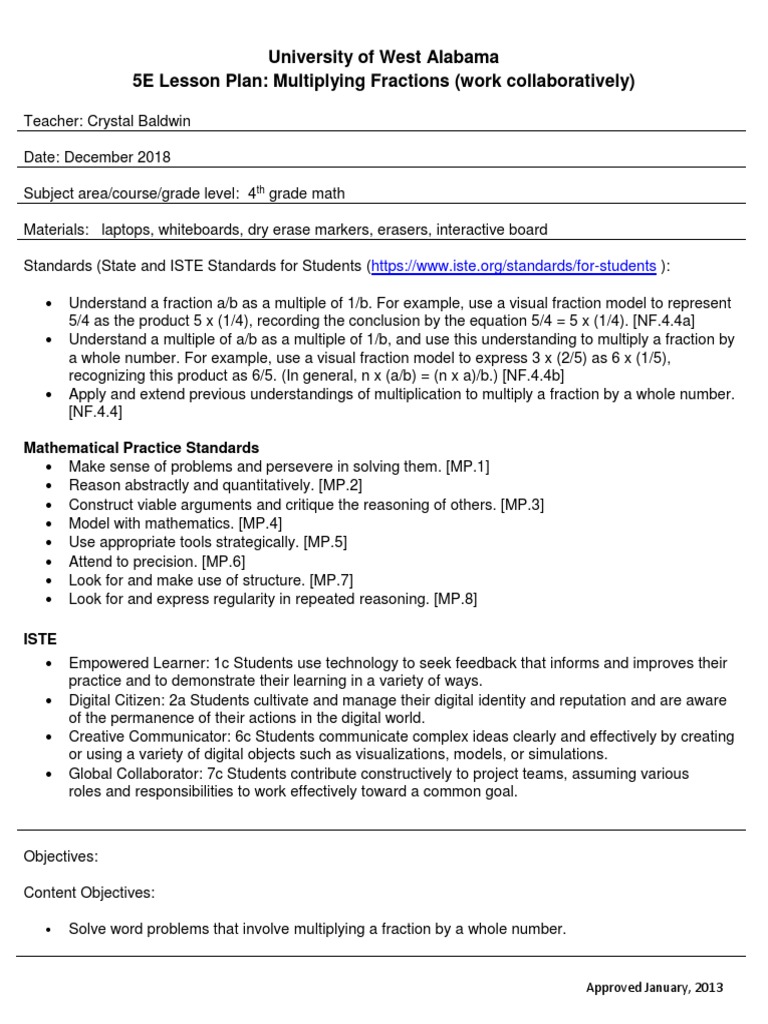 5E Lesson Plan: Multiplying Fractions | PDF | Educational Assessment ...