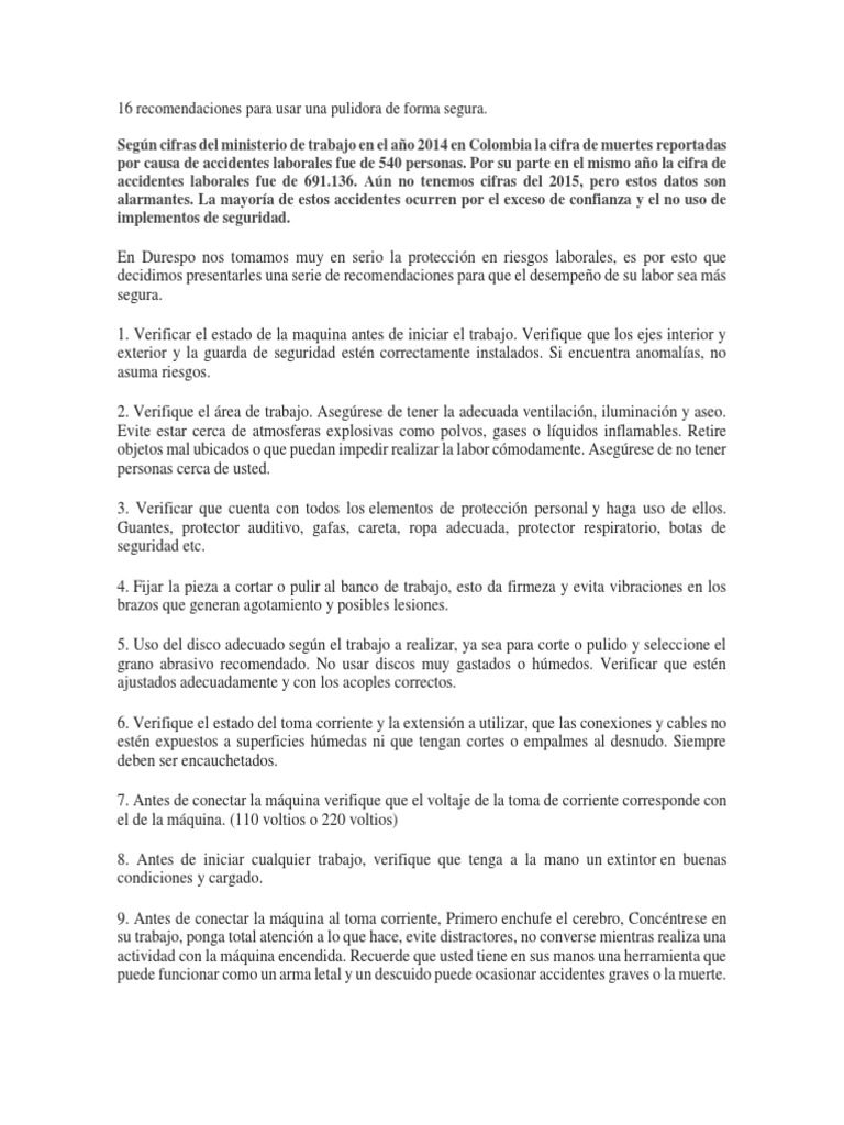 16 Recomendaciones para Usar Una Pulidora de Forma Segura | PDF ...