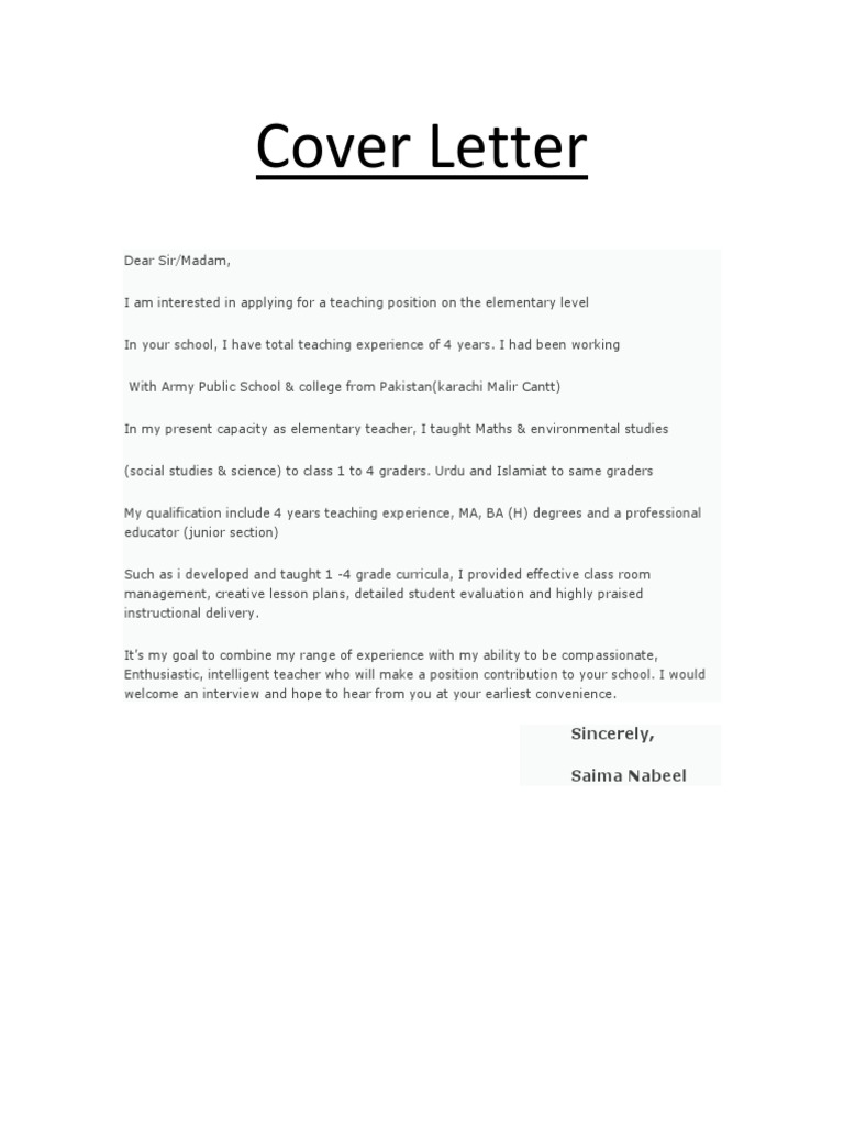 Cover Letter: Sincerely, Saima Nabeel | PDF