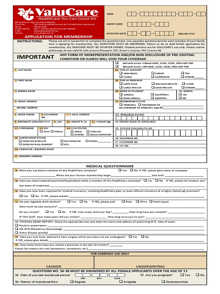 ValuCare Membership Application Form | PDF | Chronic Condition ...