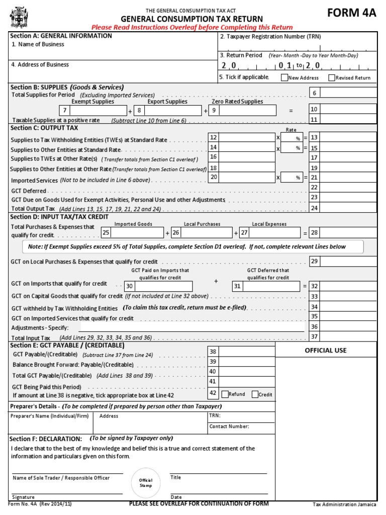 Form 4A - GCT Returns.pdf | Withholding Tax | Tax Credit