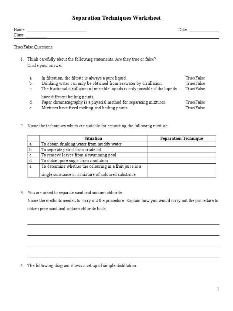 Separation Techniques Worksheet | PDF | Distillation | Chemical Substances