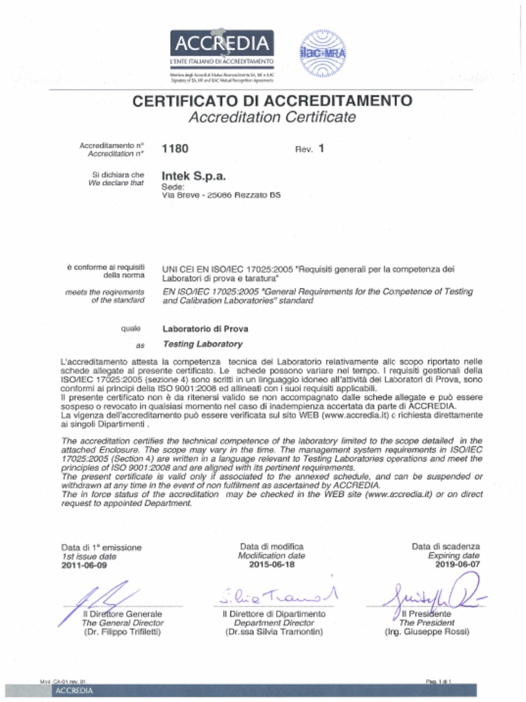 Certificado de Acreditación Intertek Italia | PDF