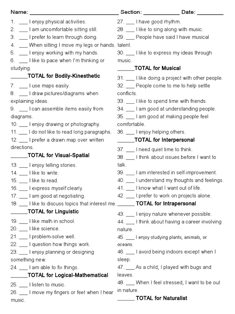 Multiple Intelligences Test | PDF | Communication | Cognition