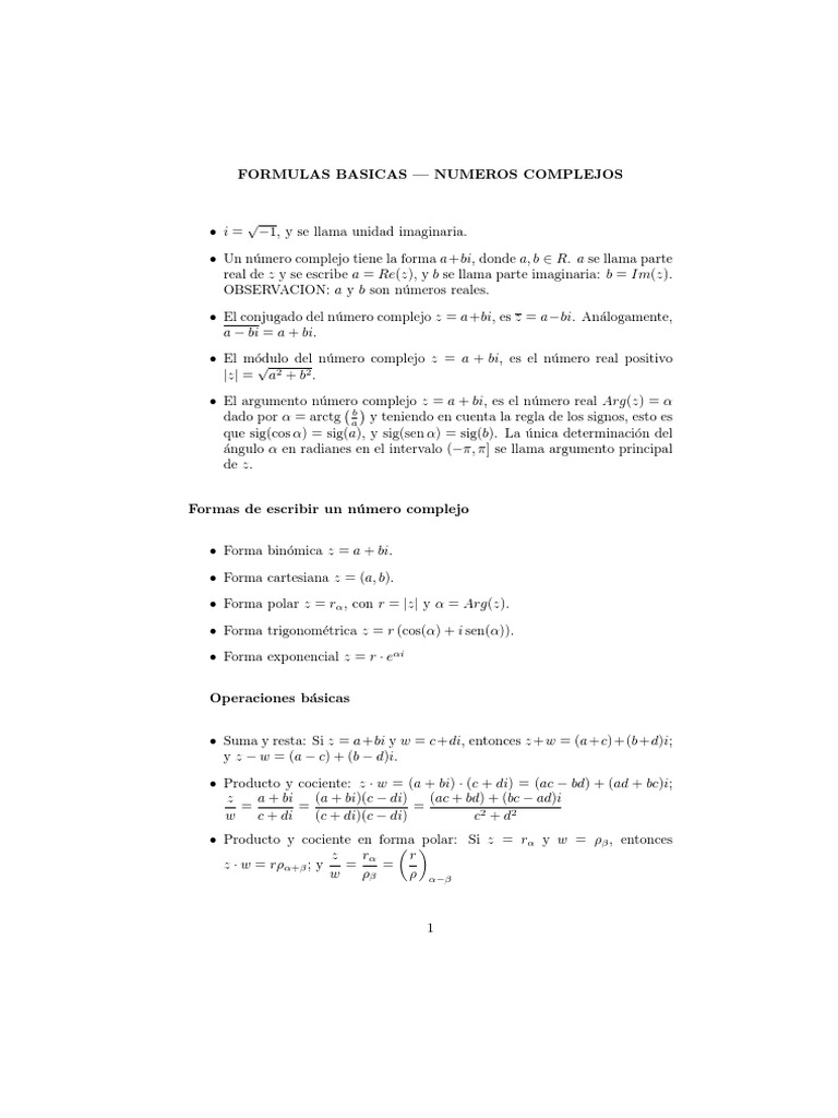 Formulas Basicas - Numeros Complejos PDF | PDF | Número complejo ...