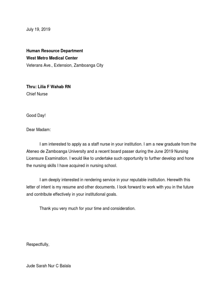 Letter of Intent For Job | PDF | Nursing | Employment