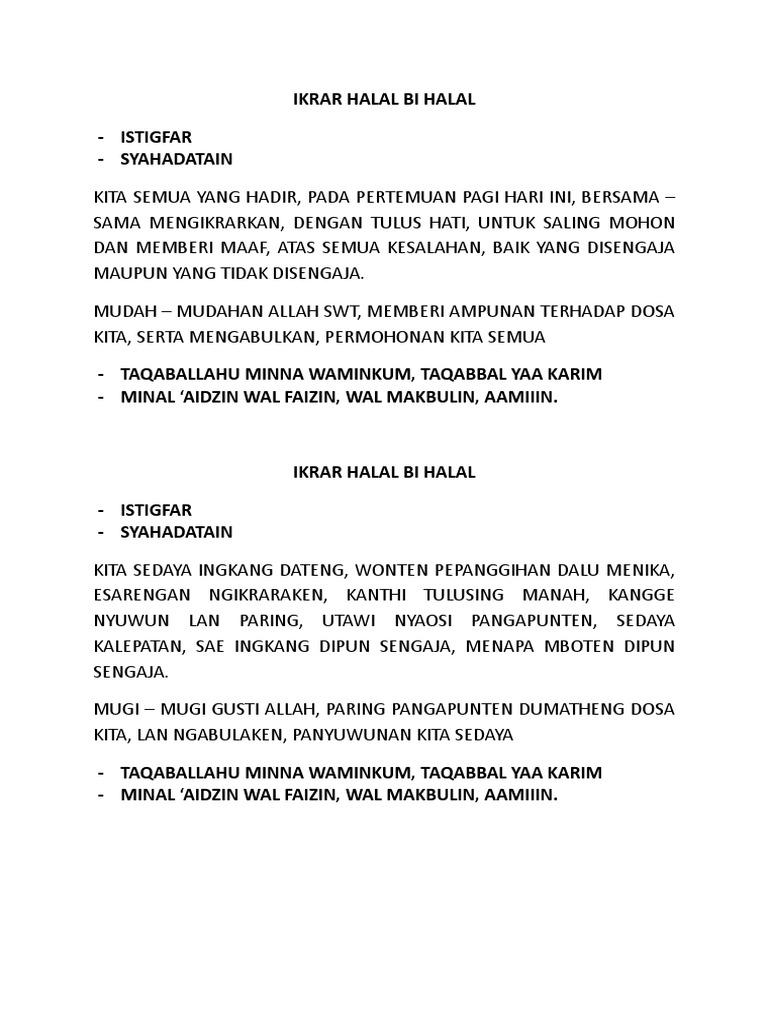 Ikrar Halal Bi Halal Bahasa Jawa | PDF