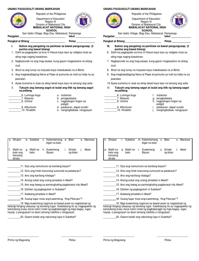 UNANG PAGSUSULIT - Kuwentong Bayan at Pangatnig Panlinaw | PDF