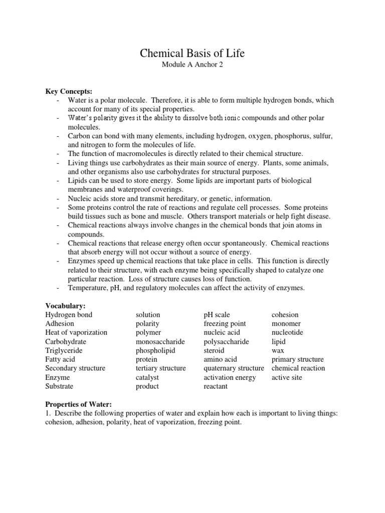 Chemical Basis of Life: Key Concepts | Download Free PDF ...