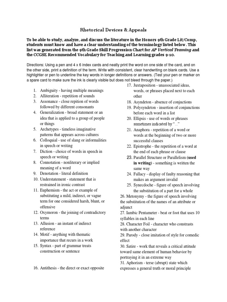 Rhetorical Devices and Appeals List | PDF | Rhetoric | Irony