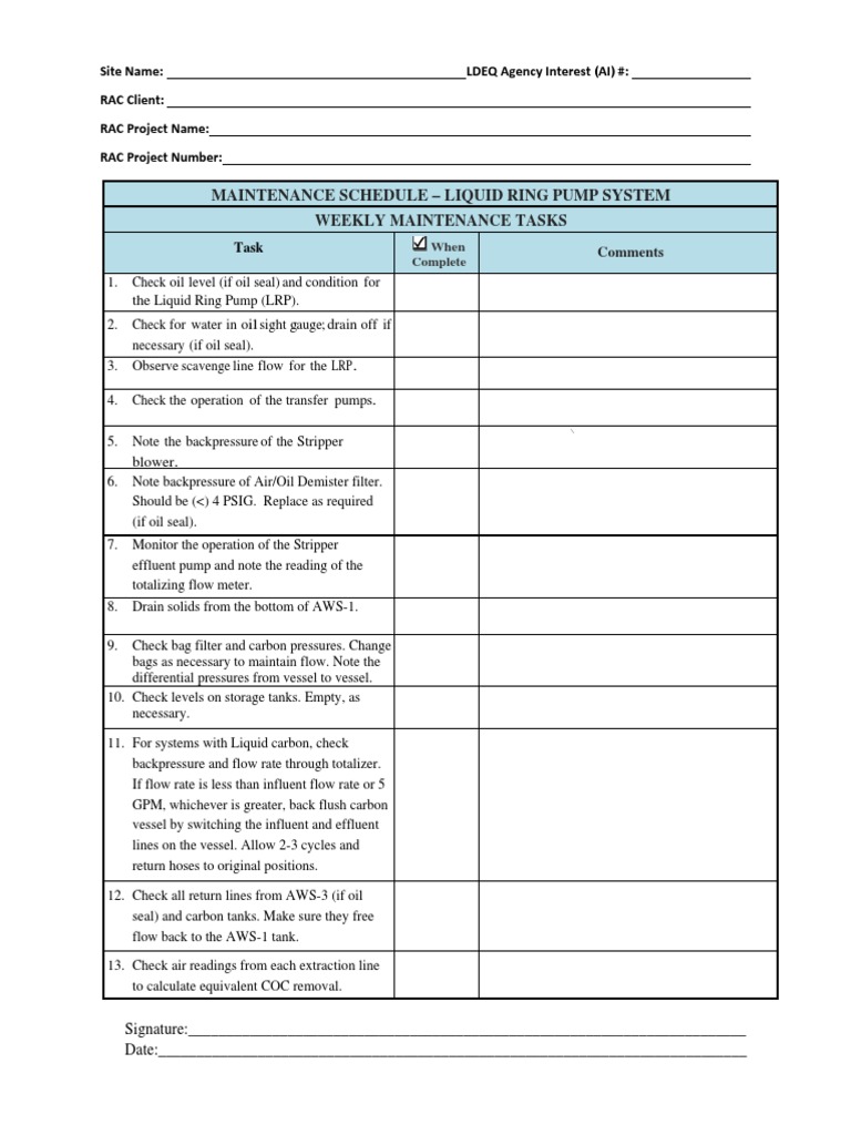 Maintenance Schedule - Liquid Ring Pump System Weekly Maintenance Tasks ...