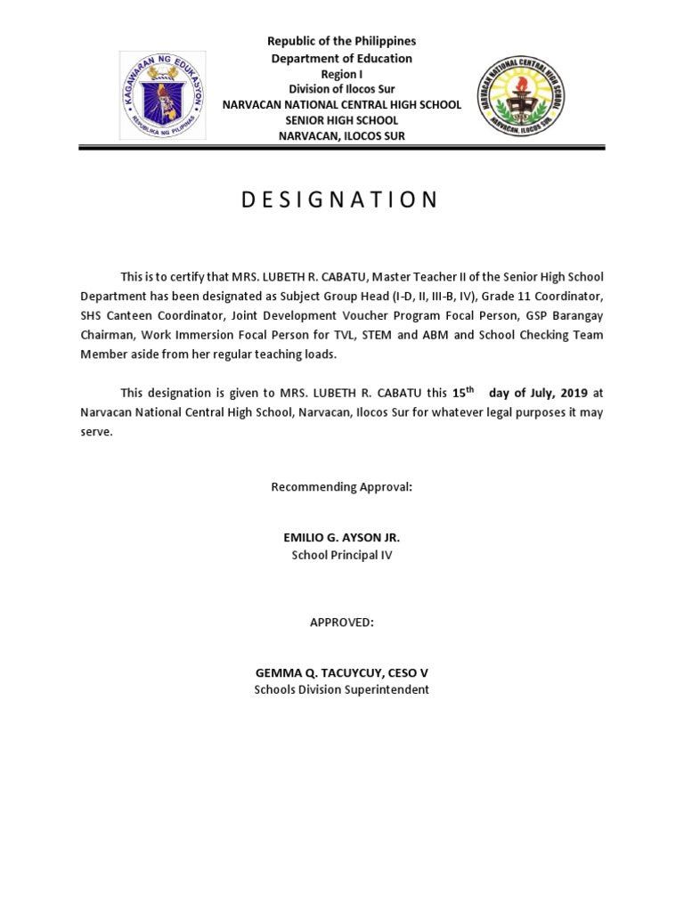Certification Teachers Designation | PDF | Government | Philippines