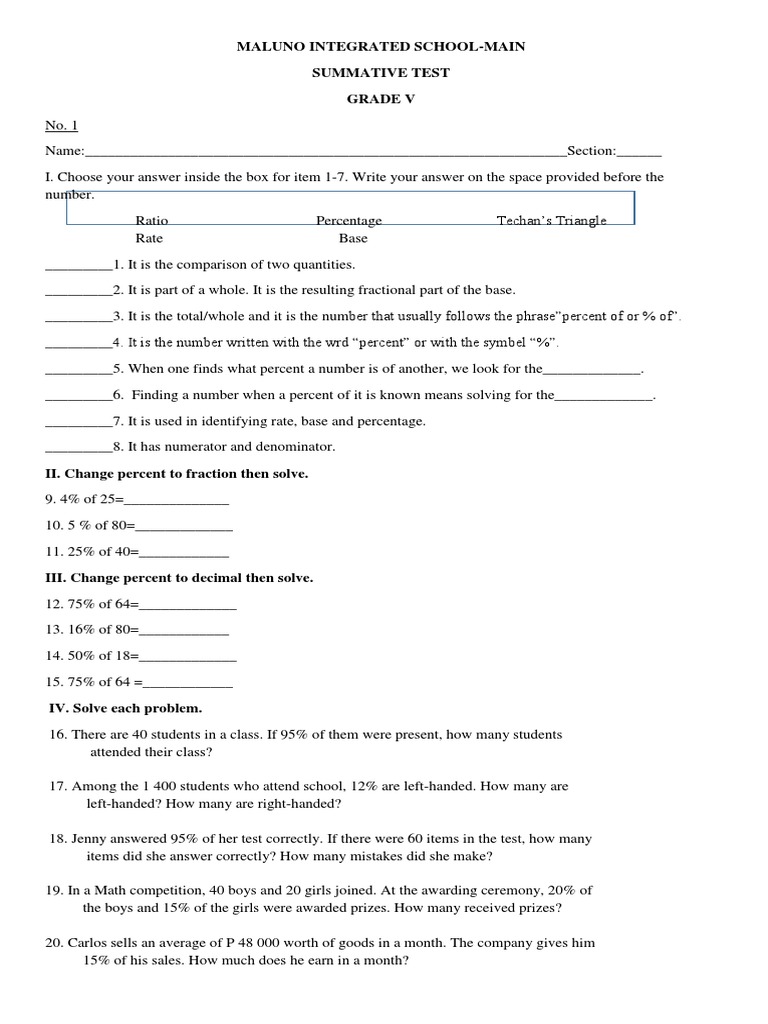 Summative Test Math V | PDF | Circle | Fraction (Mathematics)