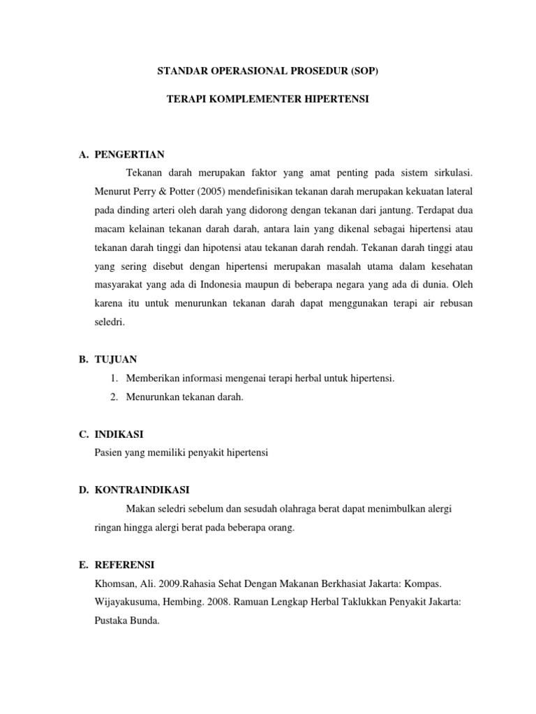 Standar Operasional Prosedur (Sop) Terapi Komplementer Hipertensi | PDF