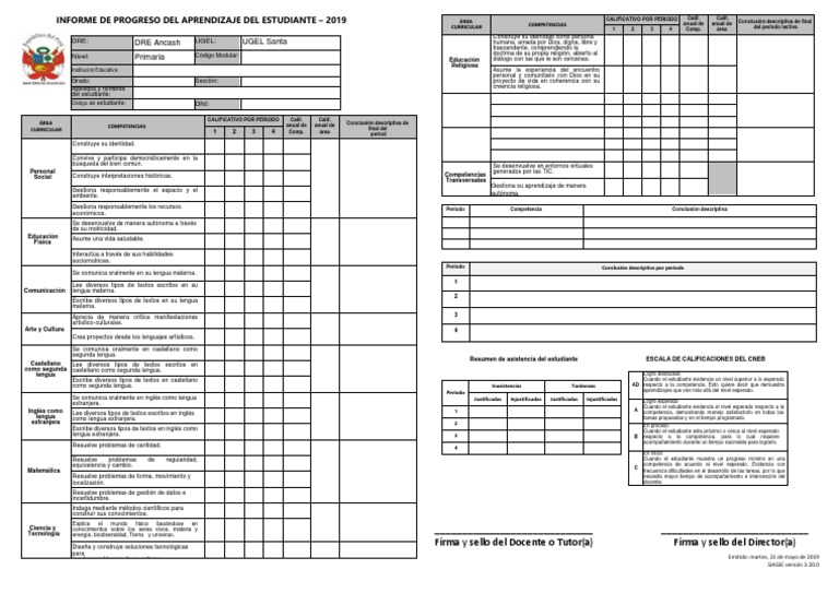 Boleta de Notas Primaria | Segundo lenguaje | Lengua española