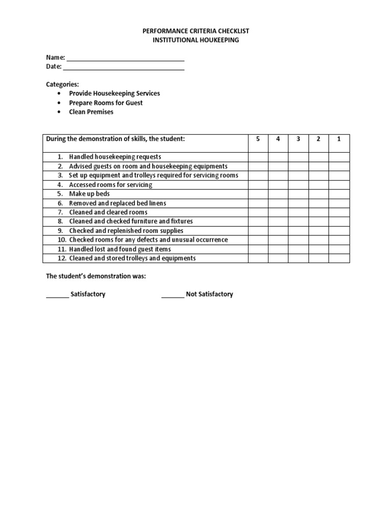 Performance Criteria Checklist | PDF | Suit (Clothing) | Laundry
