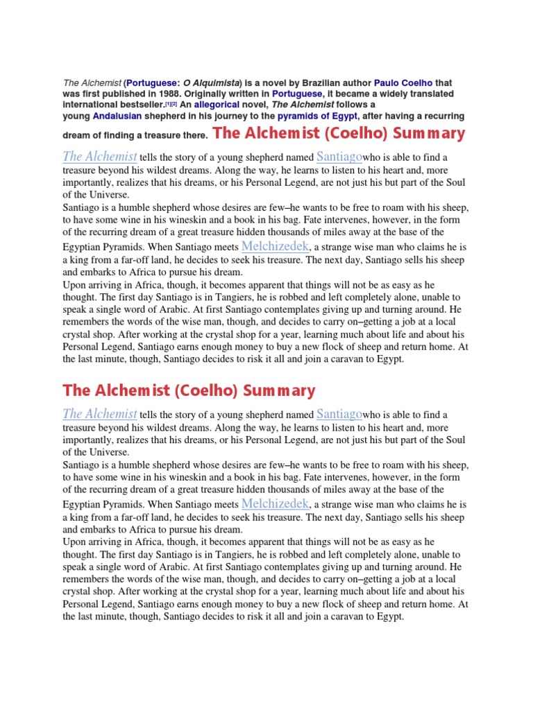 The Alchemist (Coelho) Summary | PDF | Harper Collins Books | Novels