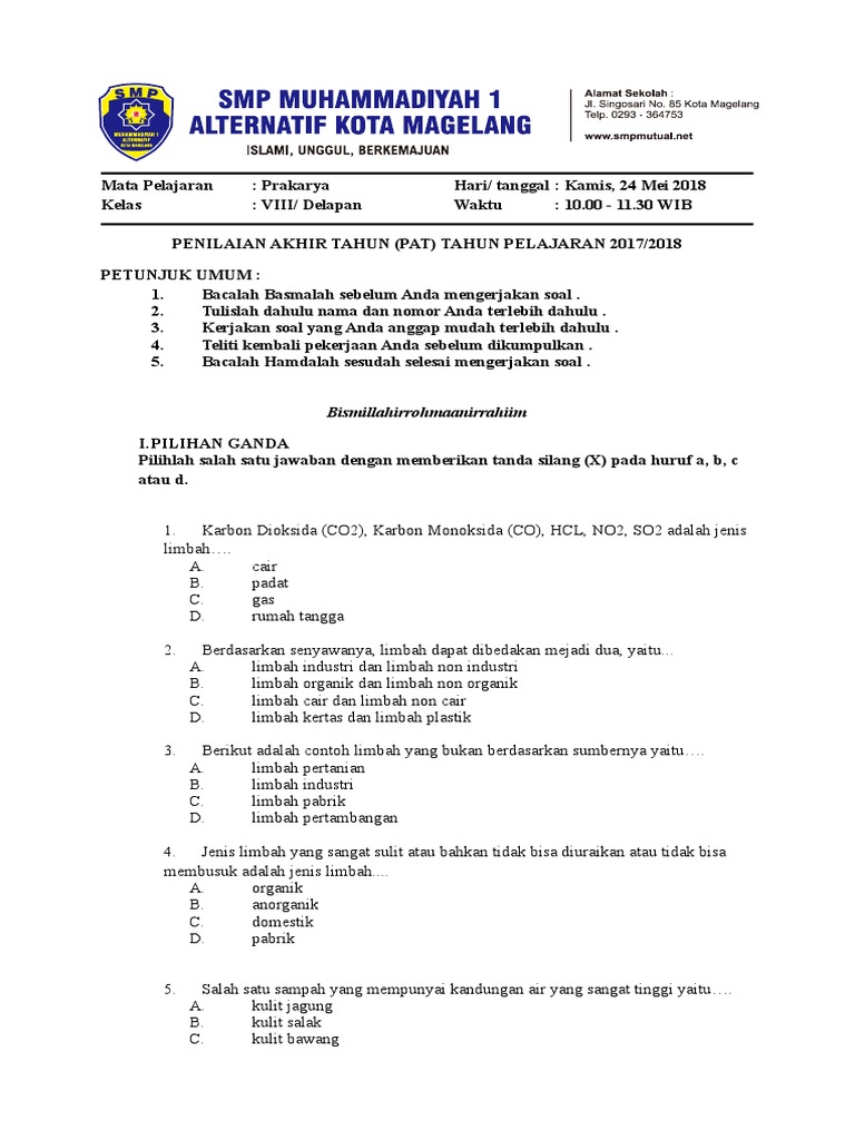 Soal PAT Prakarya Kelas 8 | PDF
