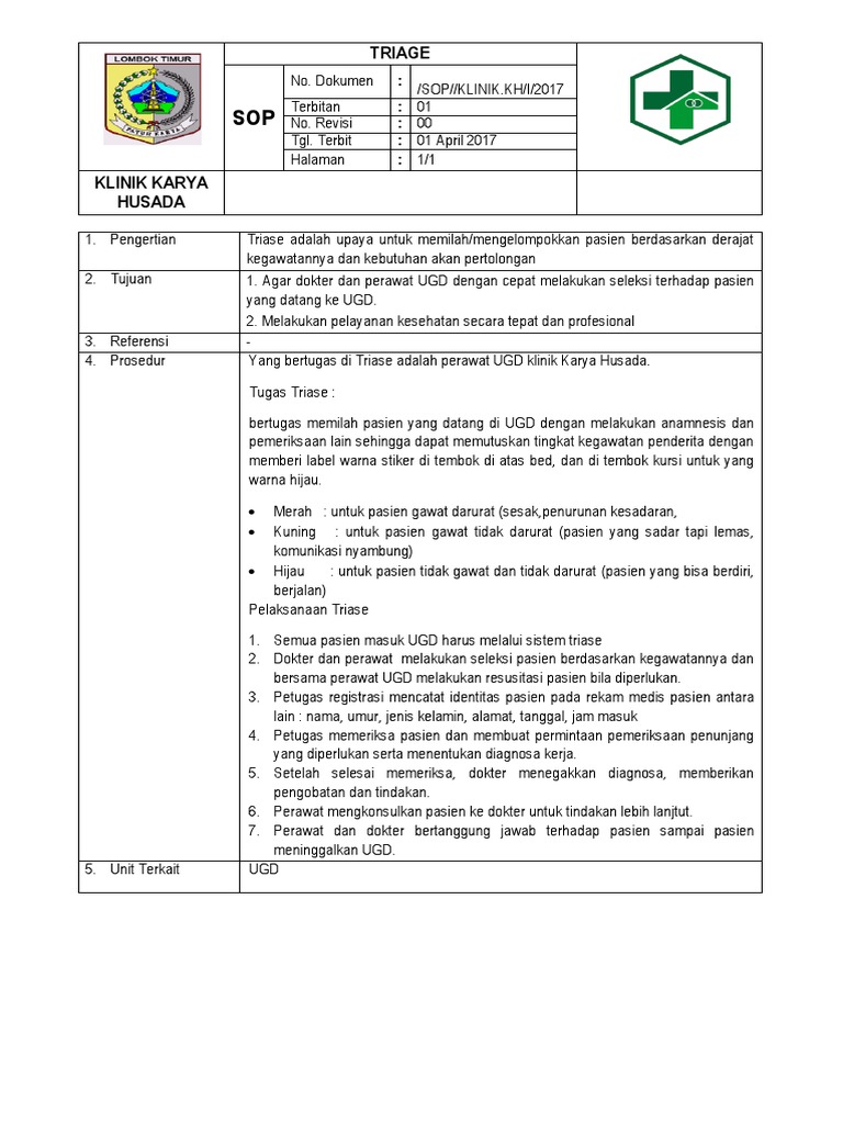 7.2.3.1 Sop Triage Klinik KH | PDF