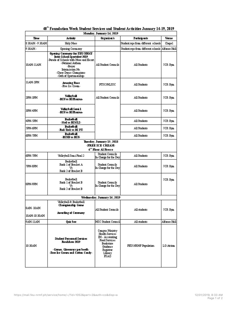 48th Foundation Week Student Services and Student Activities Schedule ...
