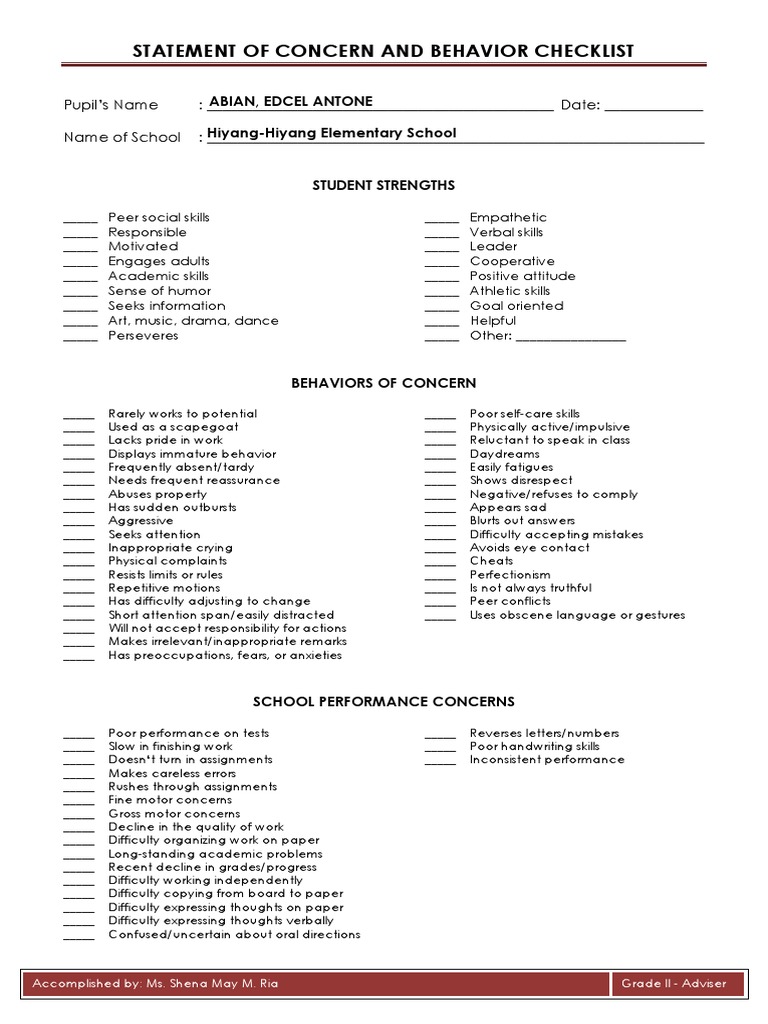Behavior Checklist - Anecdotal Record | PDF | Social Skills ...