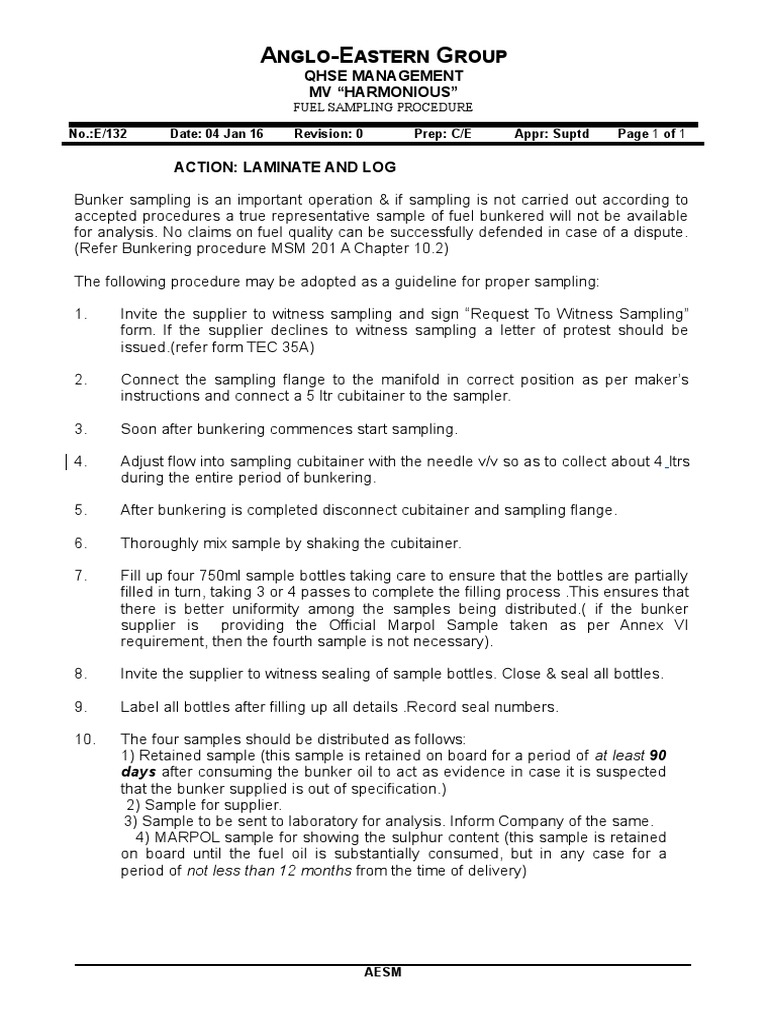 Fuel Sampling Procedure for MV "Harmonious | PDF | Fuel Oil | Business