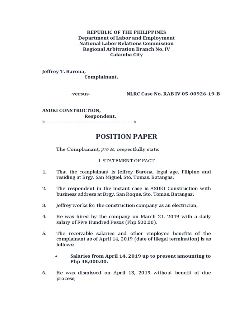 Position Paper Labor | Download Free PDF | Employment | Labour Law