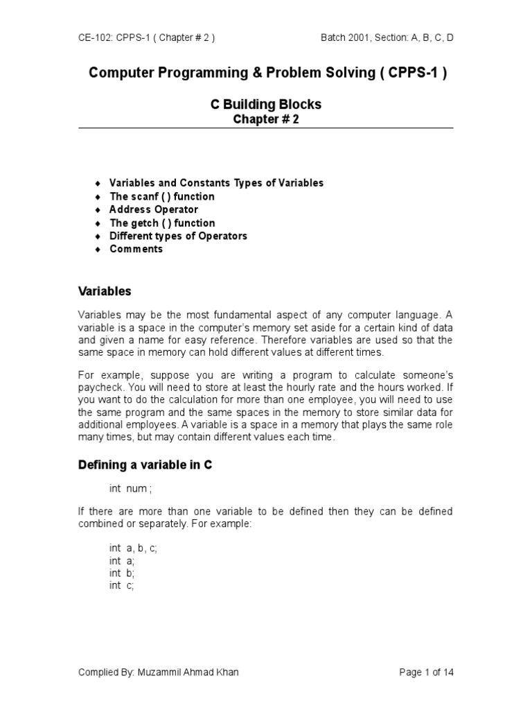Computer Programming & Problem Solving (CPPS-1) : Chapter # 2 | PDF ...