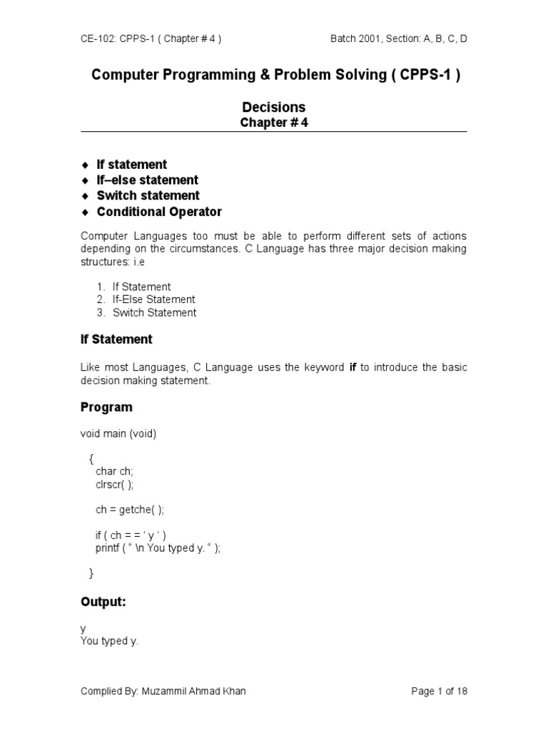 Computer Programming & Problem Solving (CPPS-1) : Chapter # 4 | PDF | Control Flow | C ...