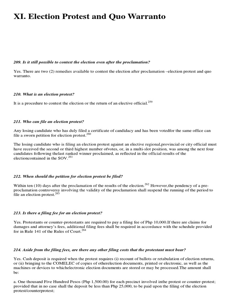 Election Protest vs. Quo Warranto Explained | PDF | Evidence | Elections