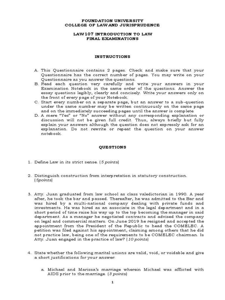 Law 107 Final Exam Questionnaire | PDF | Annulment | Marriage