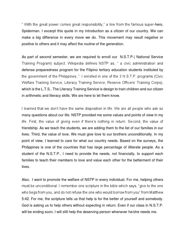 Reflection NSTP | PDF | Literacy | Love