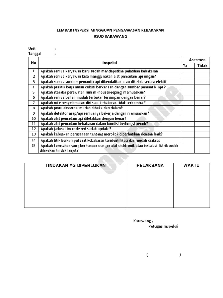 Lembar Inspeksi Mingguan Pengawasan Kebakaran | PDF
