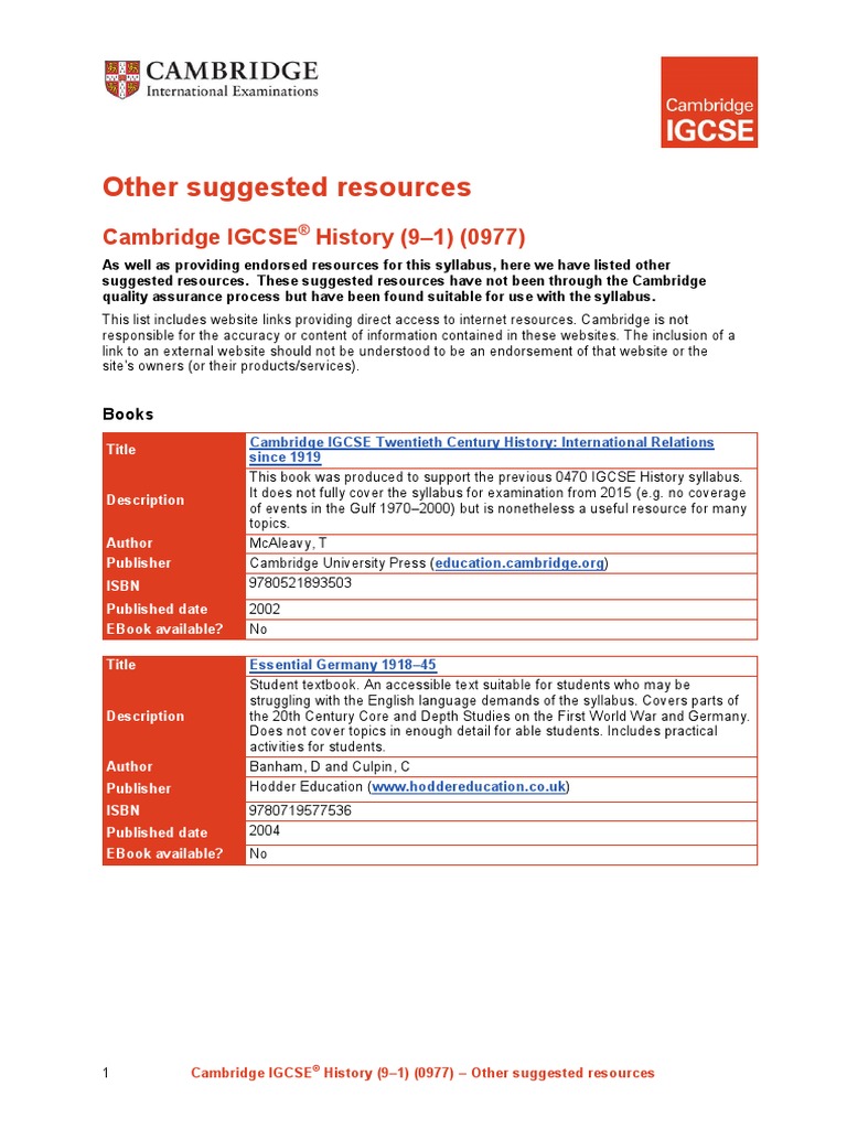 Other Suggested Resources: Cambridge IGCSE History (9-1) (0977) | PDF ...