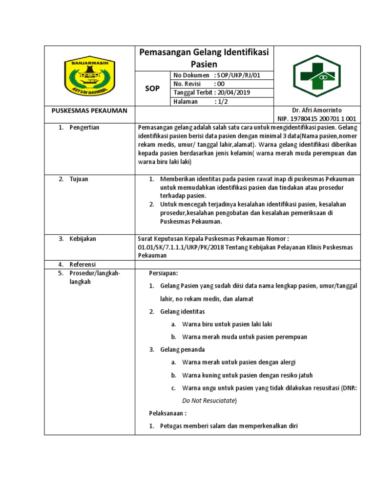 SOP Pemasangan Gelang Pasien | PDF | Pengembangan Diri | Kesehatan Holistik