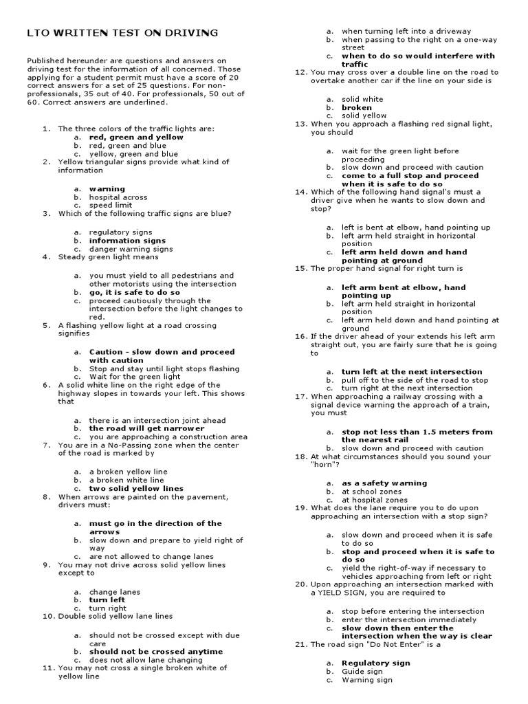 LTO Written Driving Test Questions | PDF | Traffic | Intersection (Road)