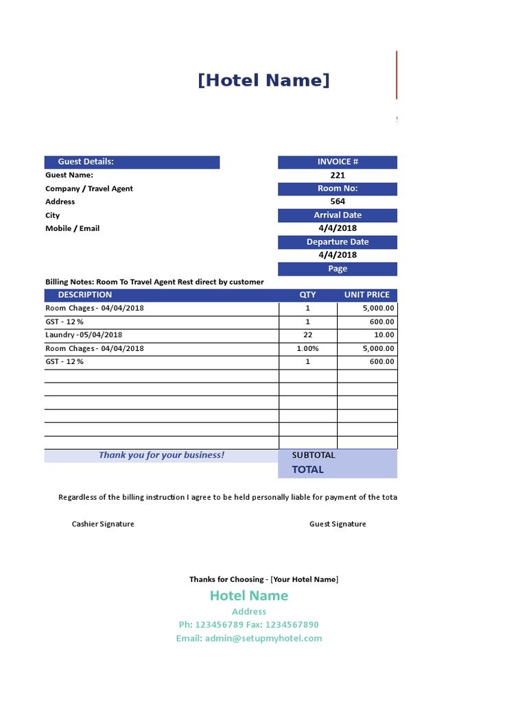 Hotel Invoice Sample 7 | PDF | Service Industries | Services (Economics)